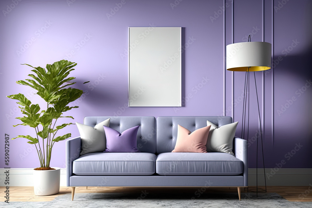 Living room mockup in vertical format. Walls and couch in lavender ...