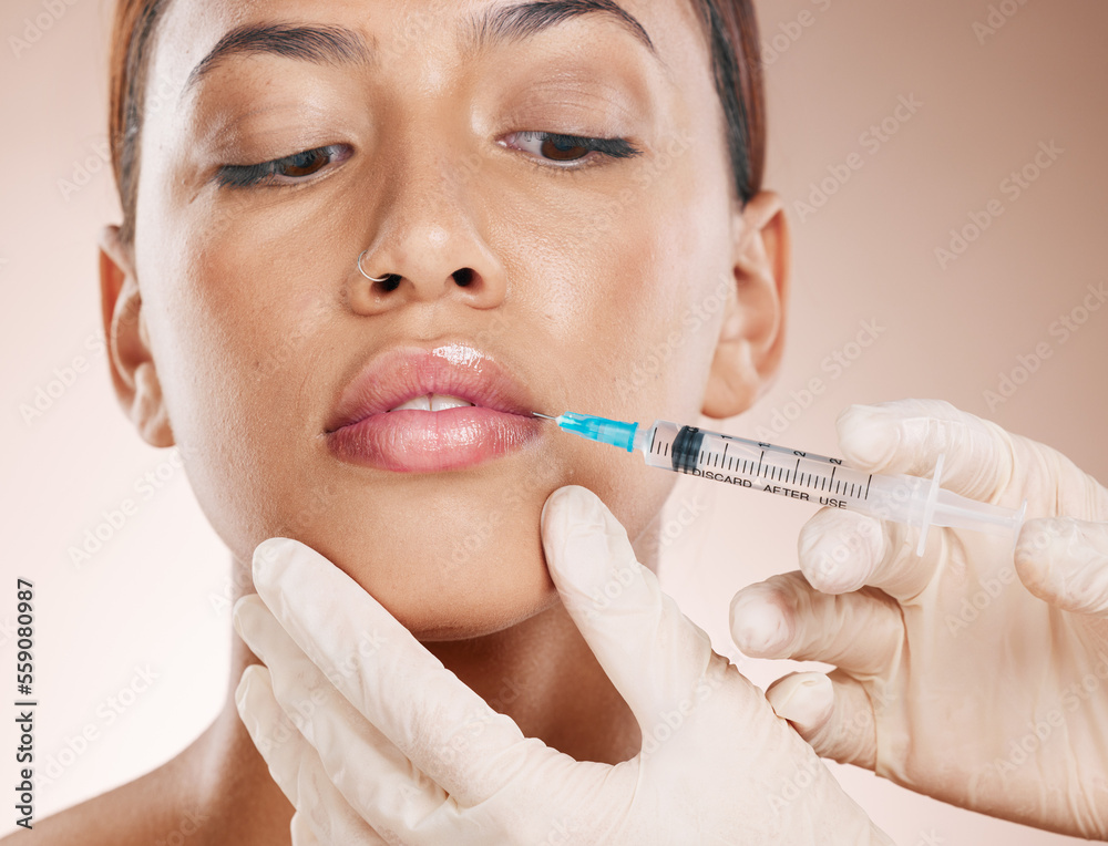 Botox, face and beauty with woman and lip filler, plastic surgery zoom and syringe needle for ...