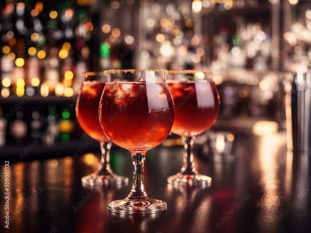 A variety of cocktails assortment served are placed on the counter bar ...