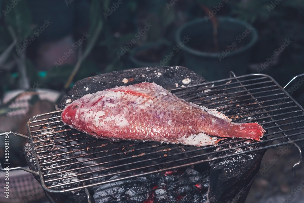 The ruby fish is coated with salt and placed on a charcoal grill in a ...