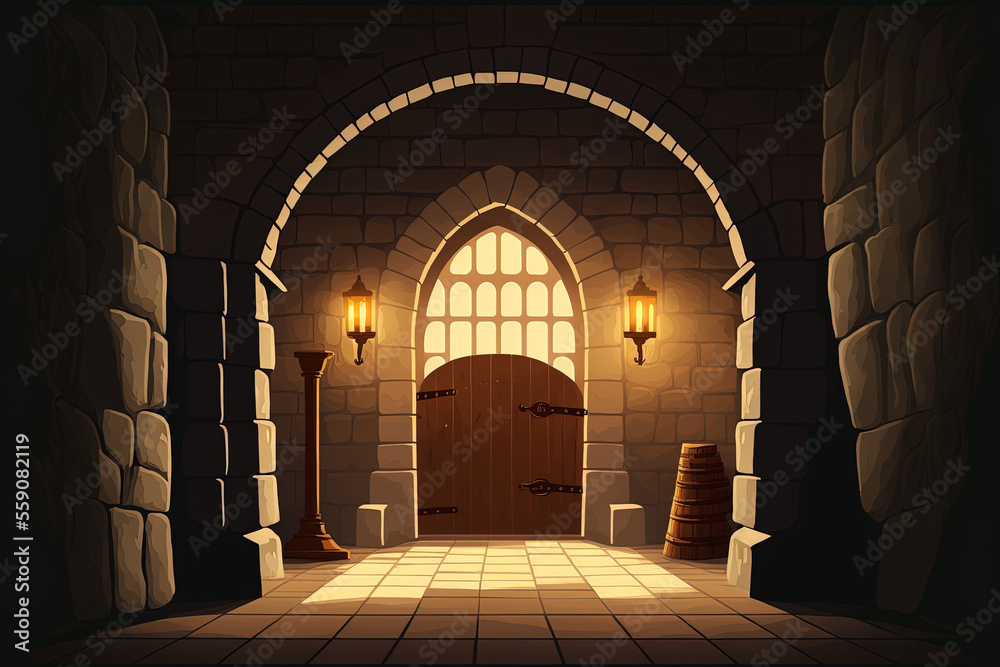 Interior of a medieval prison or castle with a wooden arch door, stone ...