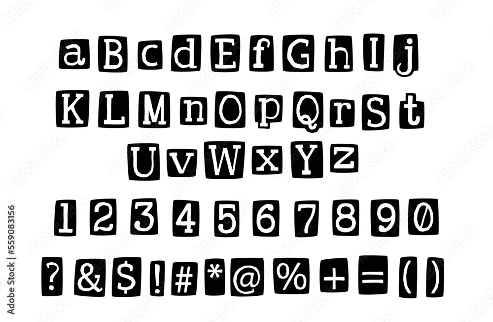 Retro criminal anonymous maniac alphabet letters black and white color ...