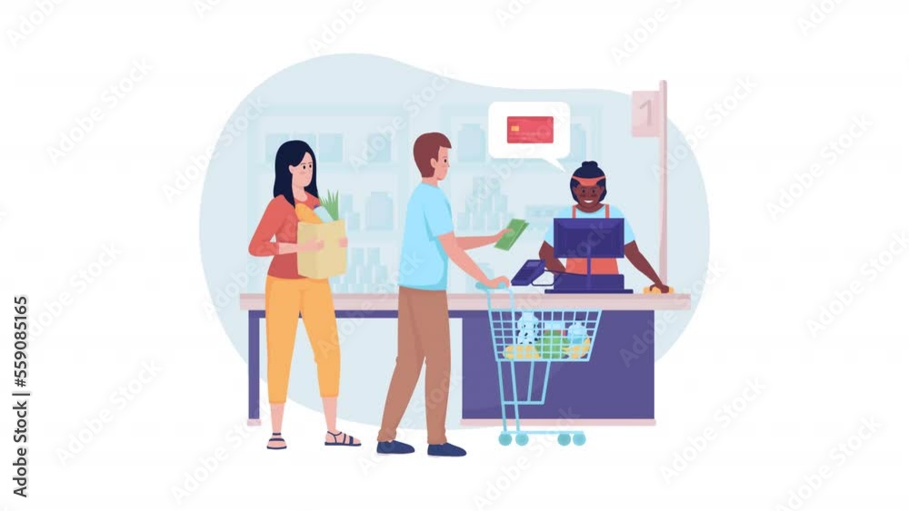 Animated pay at cash register. Looped flat 2D characters HD video ...