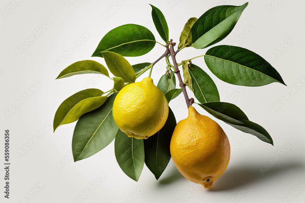 On a white backdrop, two lemon fruits are suspended from a branch and ...