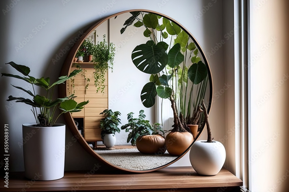 Using a mirror and a potted plant as interior dcor. Generative AI Stock ...