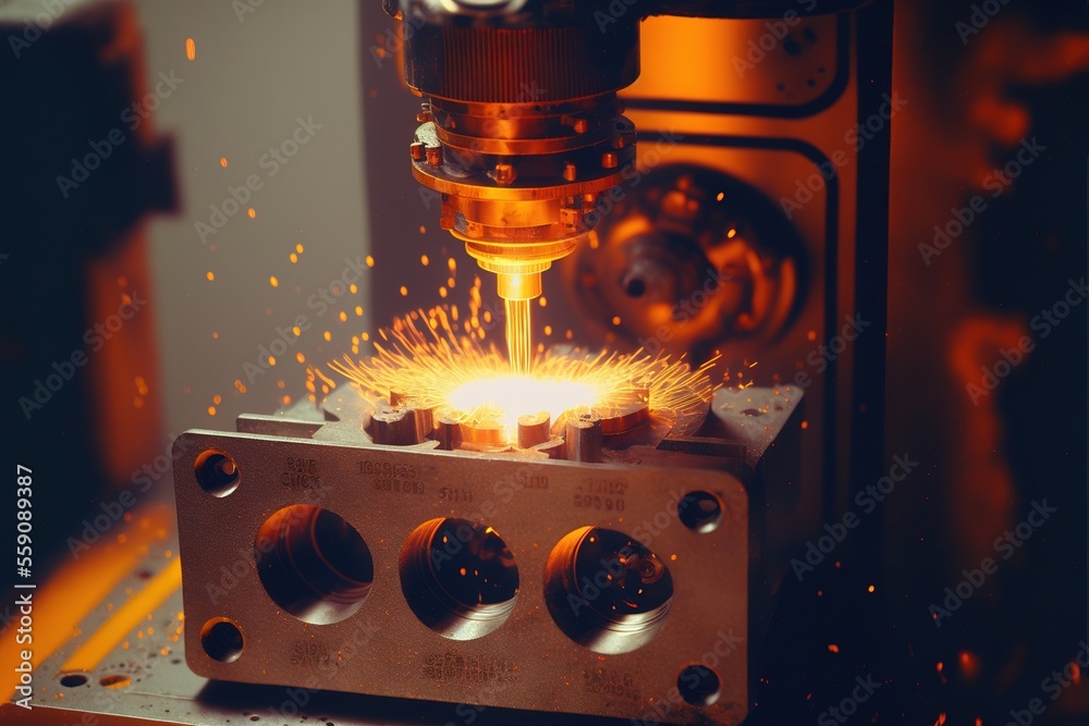 cnc milling machine in action close up with golden sparks, generative ...