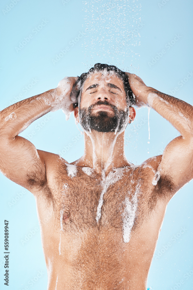 Soap, water or man in shower cleaning skin, washing face or body in healthy morning grooming ...