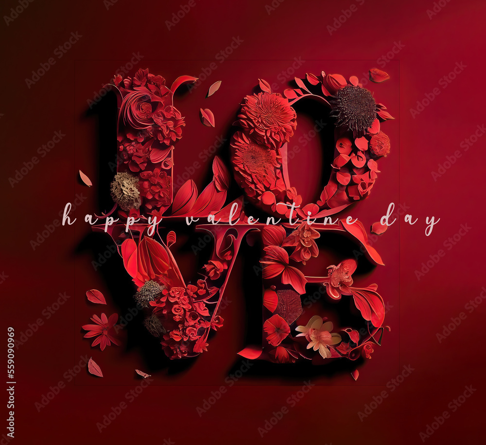 Word LOVE in roco style. Flowers wrap around each letter. On an ...