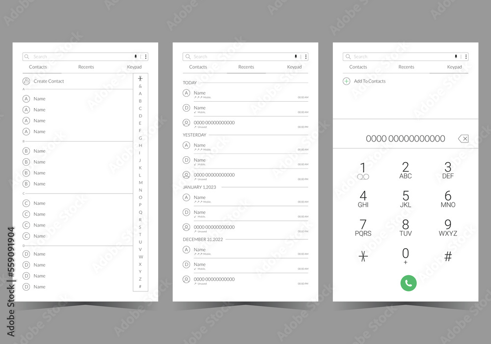 App screen Contacts, Recents, Keypad design UI kit. Stock Vector ...