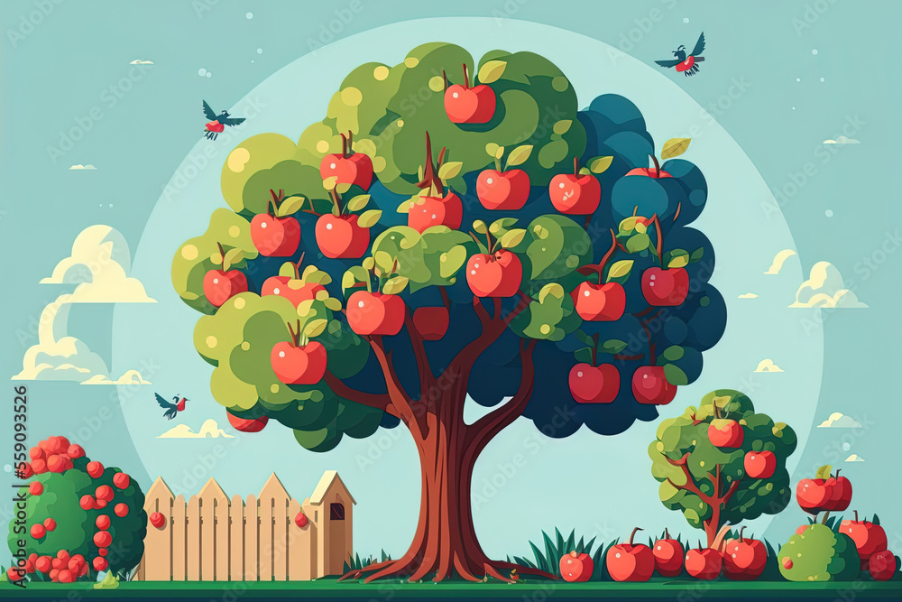Illustration of a backyard apple tree in a semi flat style. Ecological ...
