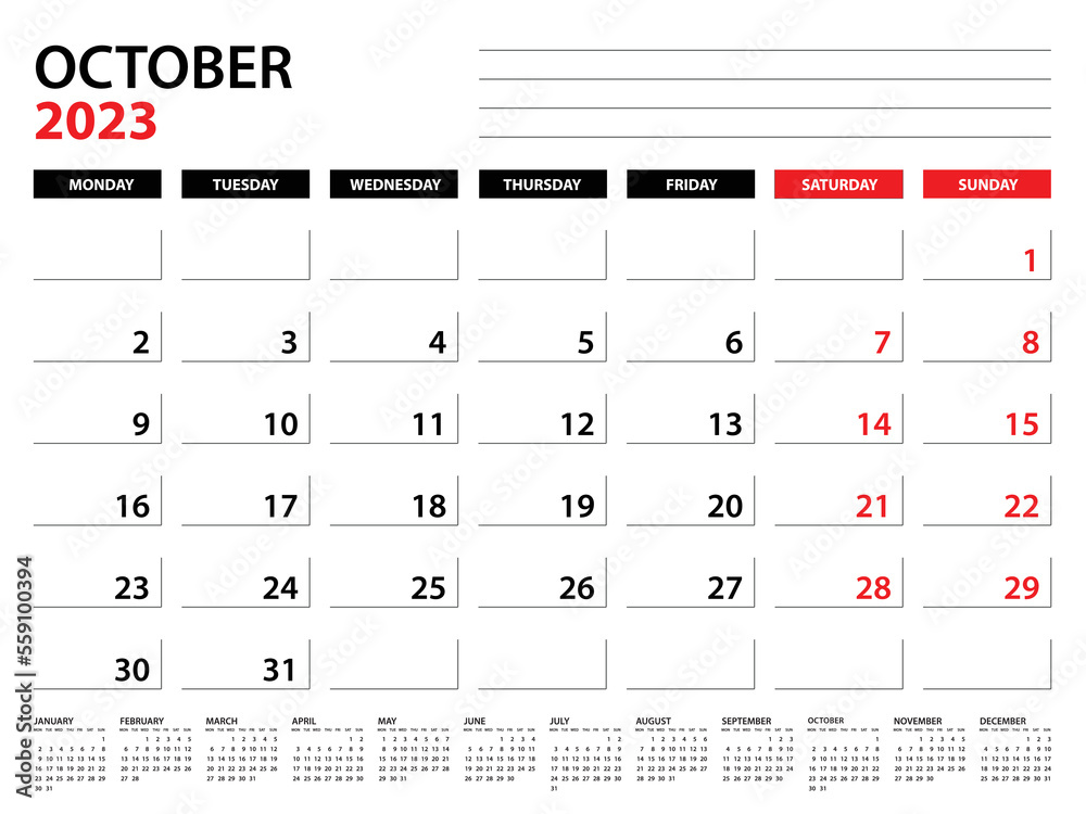 October 2023 year planner template, calendar 2023 template, monthly and ...
