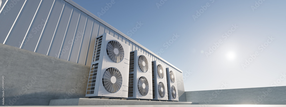 3d rendering of condenser unit or compressor on rooftop of industrial ...