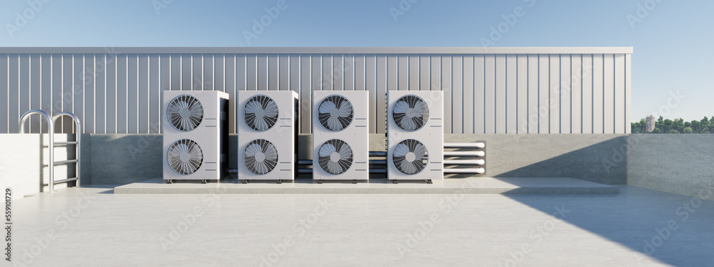 3d rendering of condenser unit or compressor on rooftop of industrial ...