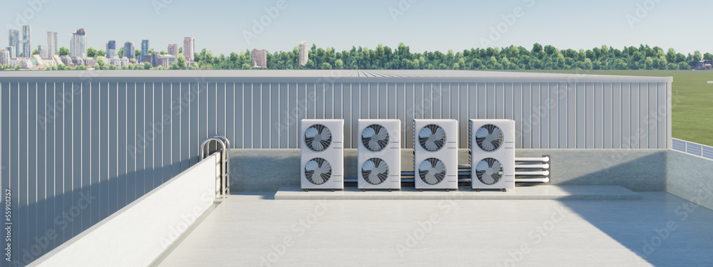 3d rendering of condenser unit or compressor on rooftop of industrial ...