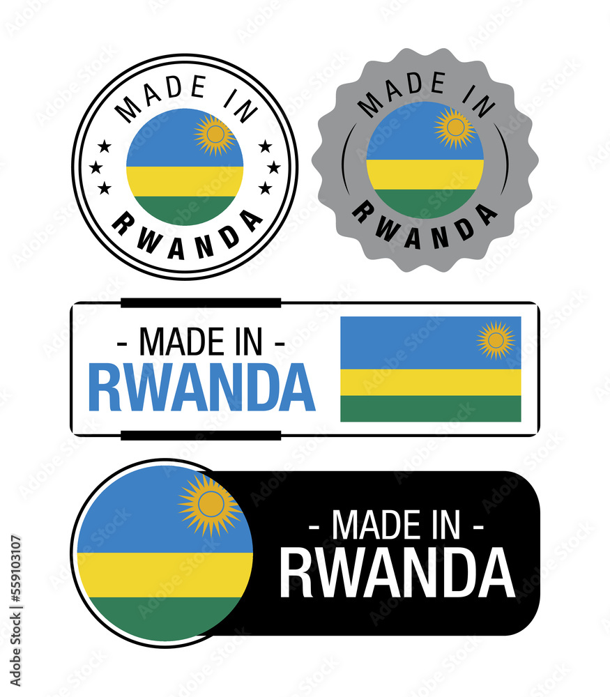 Set of Made in Rwanda labels, logo, Rwanda Flag, Rwanda Product Emblem ...