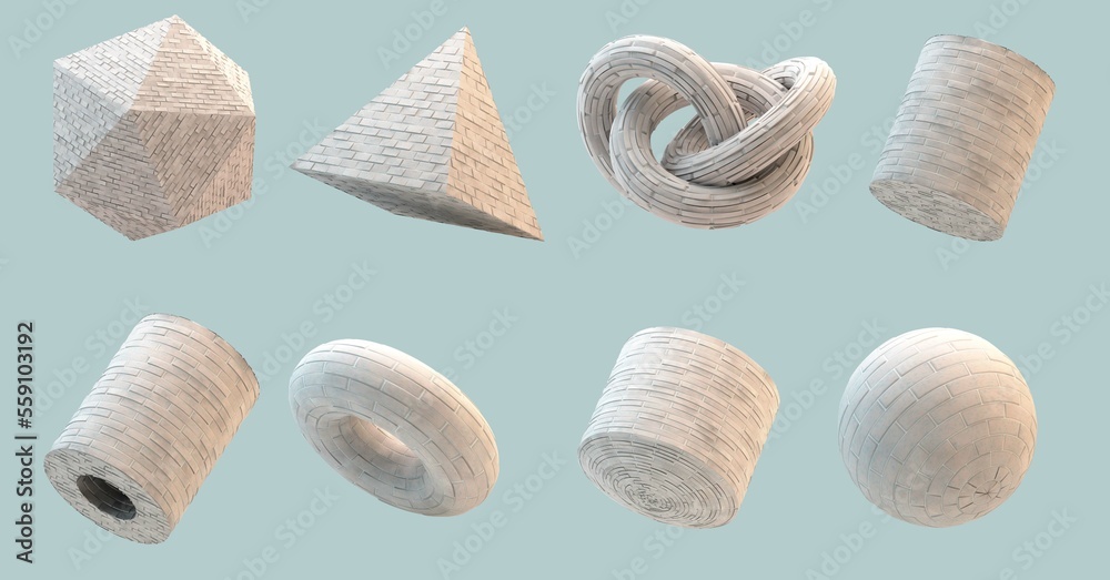 3d rendering primitives made from white bricks. Sphere,cube,oil tank ...