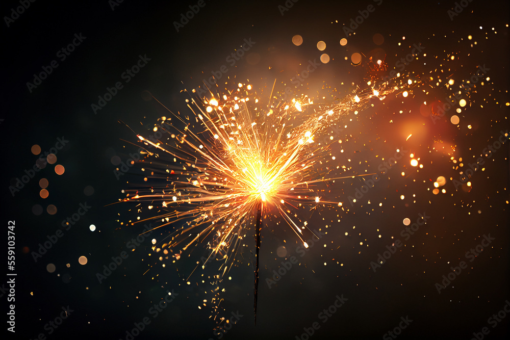 Happy New Year, Sparkler burning bright with shiny sparks and bokeh ...
