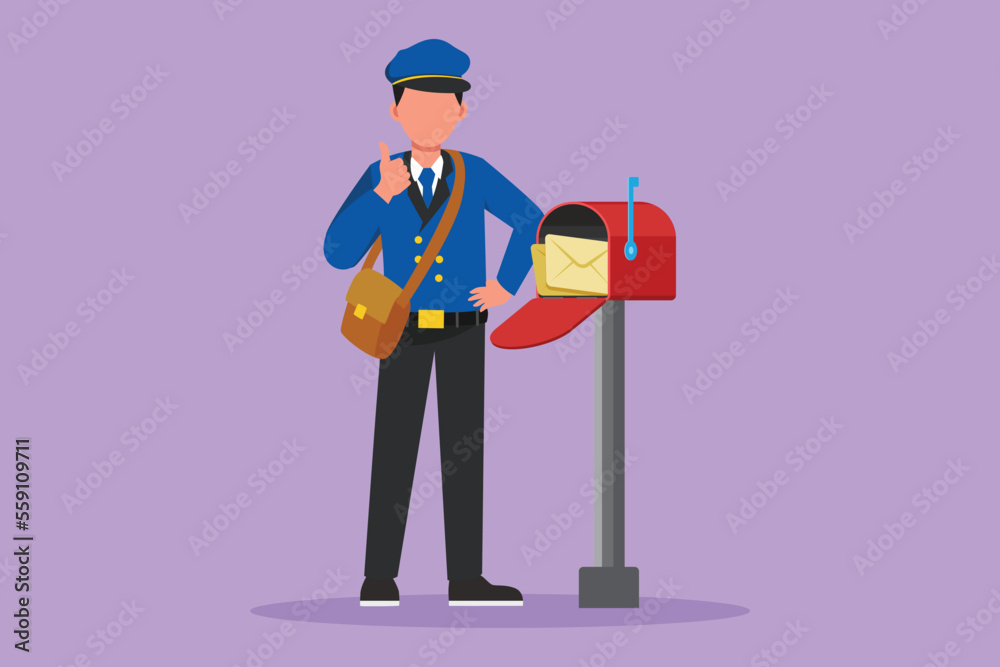 Graphic flat design drawing happy postman with thumbs up gesture ...