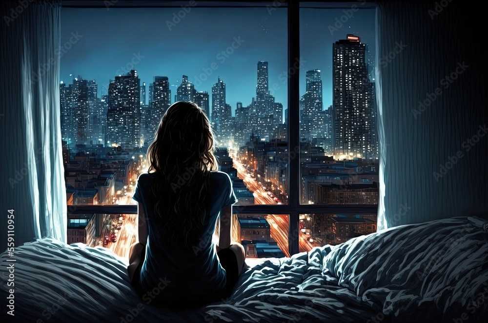 beautiful illustration, a girl sitting at bed next to big glass window ...