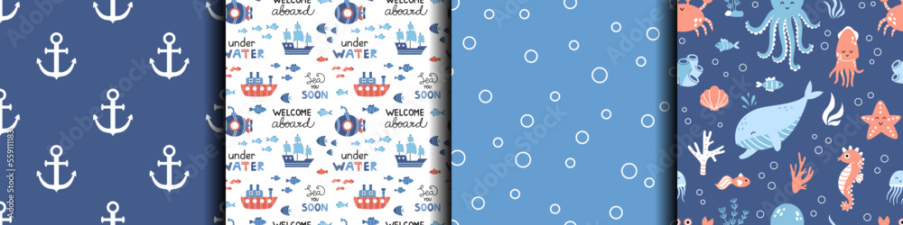 Vector set of marine seamless patterns. Childish backgrounds in flat ...