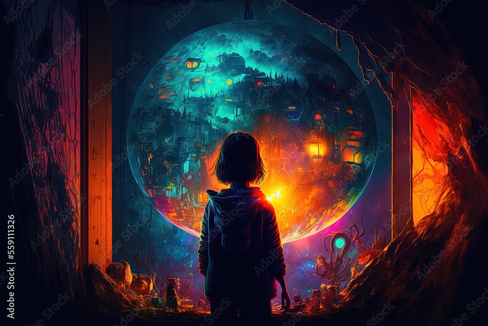cute adorable girl looking at the world of her imagination idea for ...