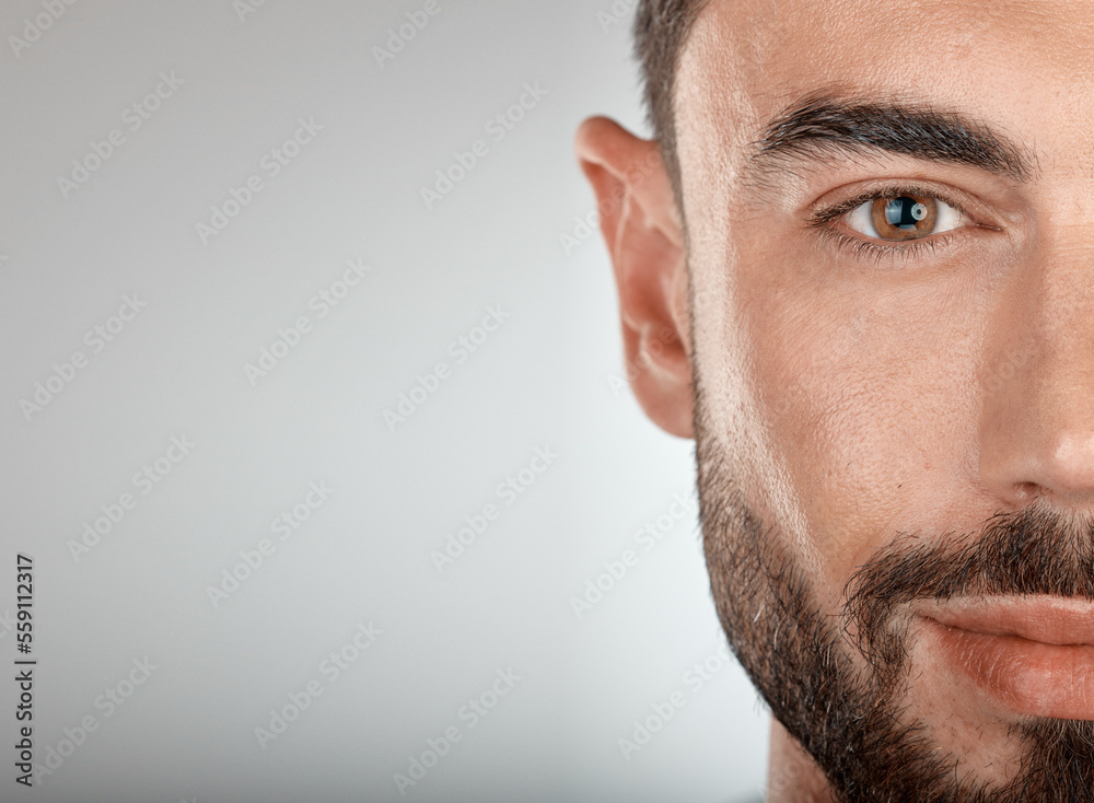 Face, beauty and eye of a man with clean, glow and healthy skin on a ...