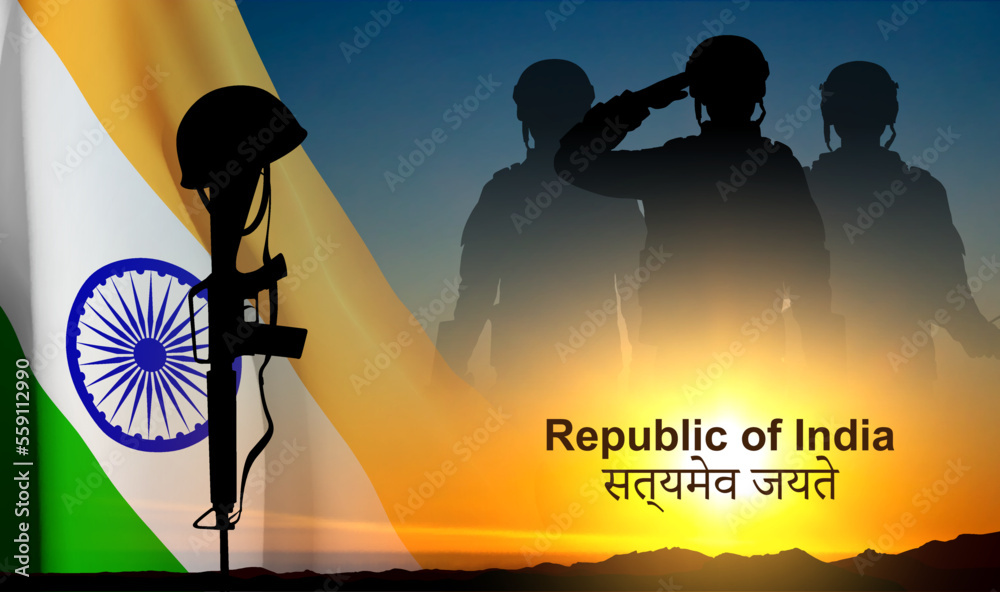 Indian Army soilders on background stylized flag of India. Silhouette of Amar Jawan Jyoti ...