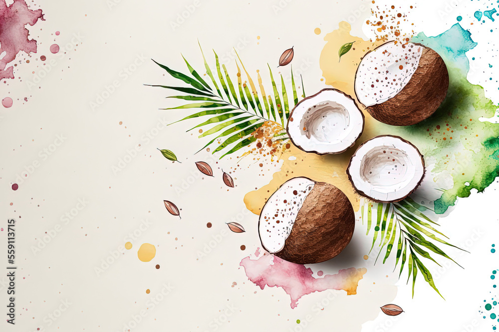 Coconut themed creative layout with watercolor dots on a white backdrop ...