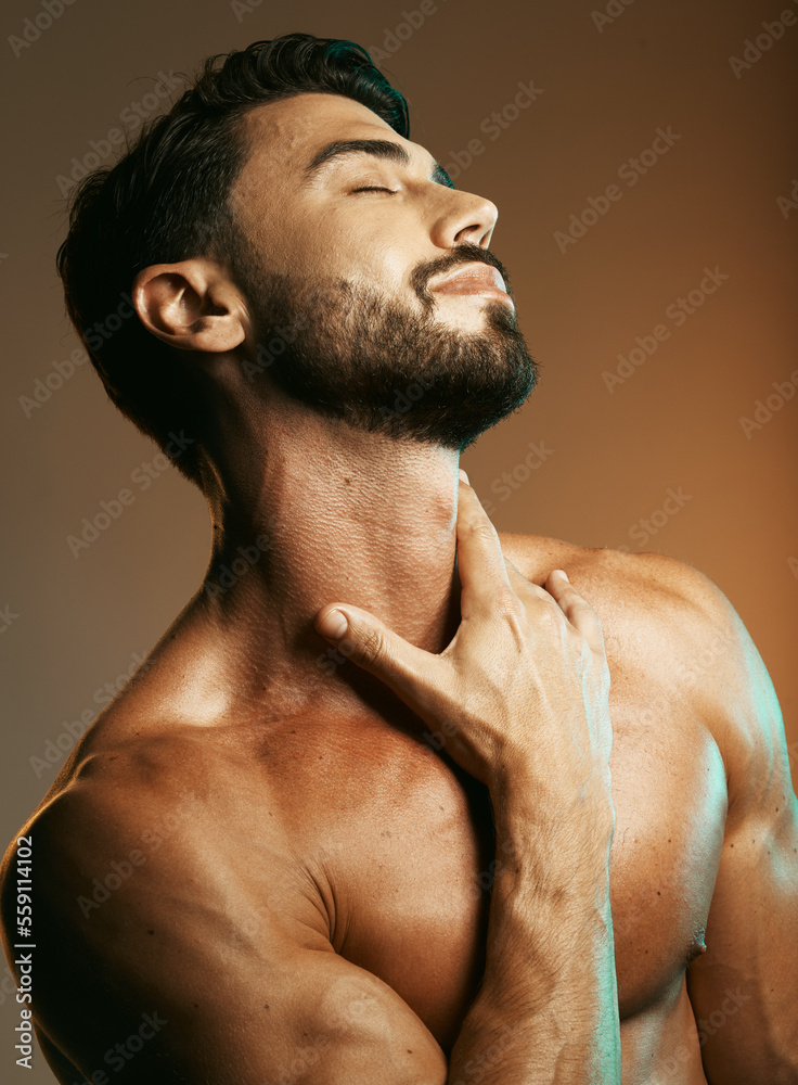 Man, body or hand touching muscles on studio background for training ...
