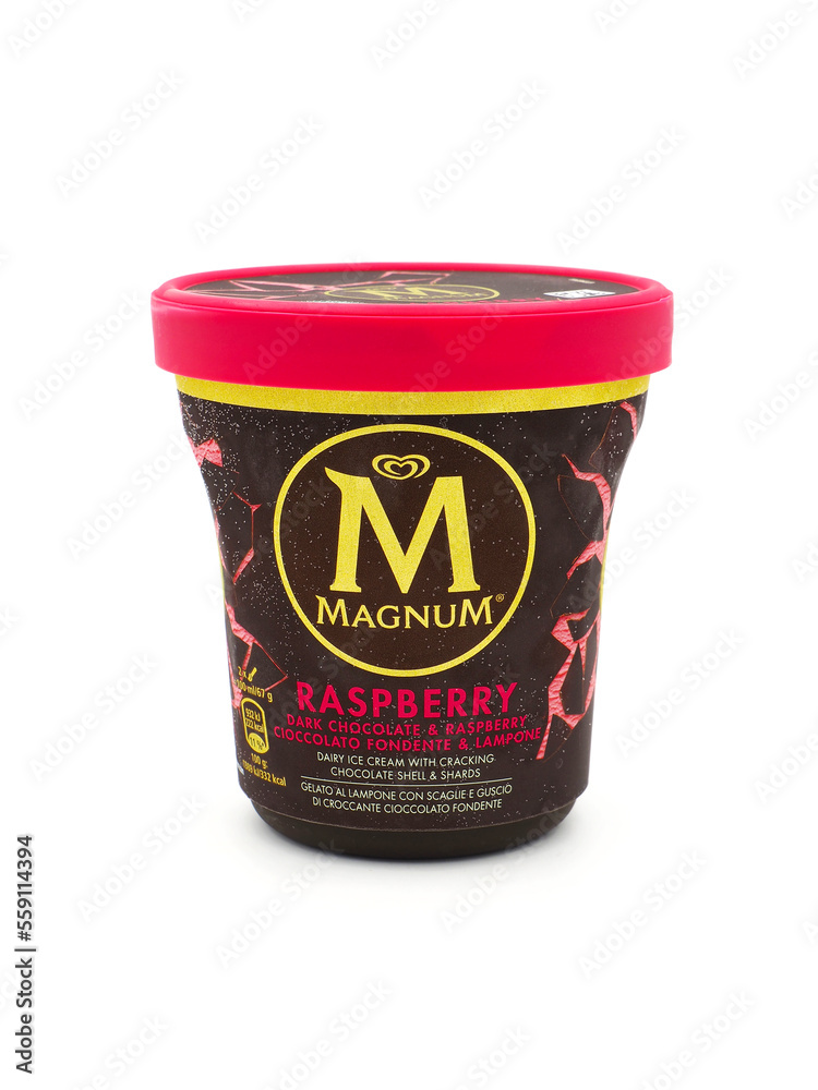 ROME, ITALY - JANUARY 7, 2023. Magnum Raspberry ice cream isolated on ...