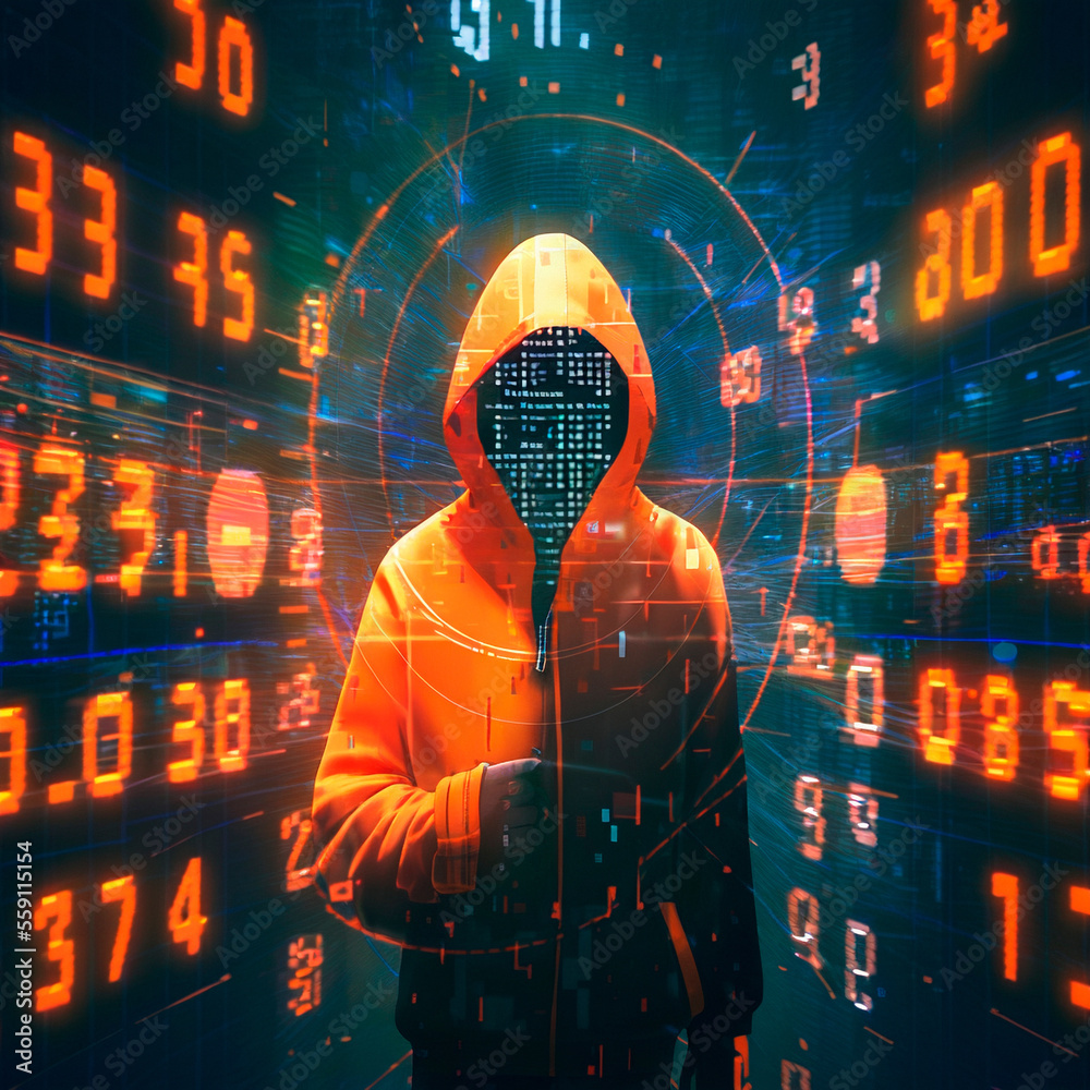 Hacker in an orange hood. Genius of the computer world. Numbers and ...