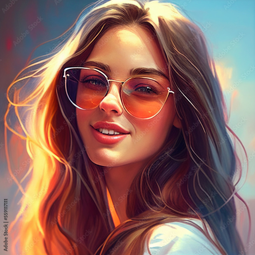 Ai Generative Illustration Photo Good Looking Girl With Long Hair And Stylish Sunglass Ai