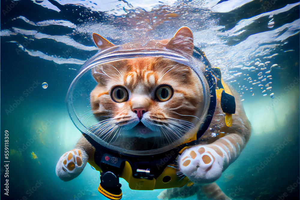 The cat is snorkeling. Cat in a mask for swimming under water. AI ...