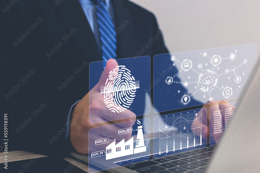Fingerprint scan for secure access to protected data network with biometrics. business man using ...