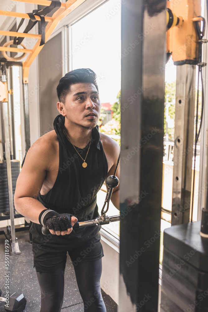 A serious and tanned asian guy doing cable tricep push downs using a ...