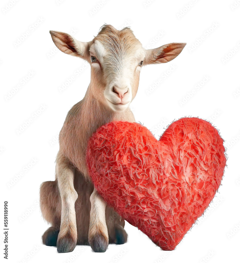 Cute adorable goat holding a red valentine heart isolated on a ...