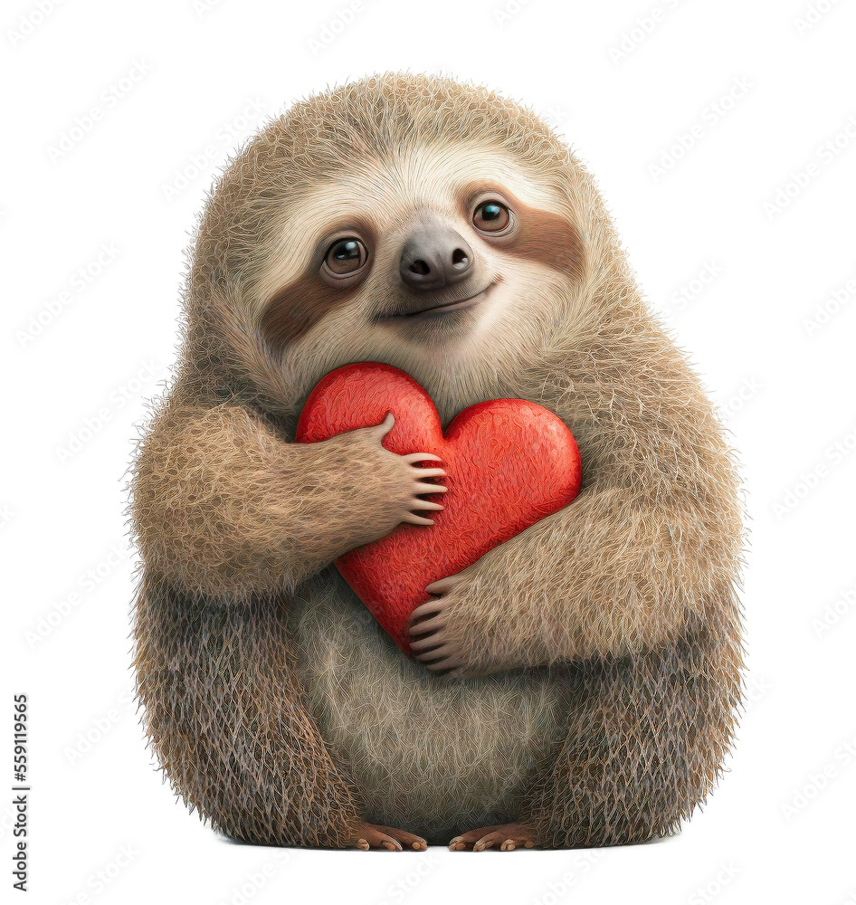 Cute adorable sloth holding a red valentine heart isolated on a ...