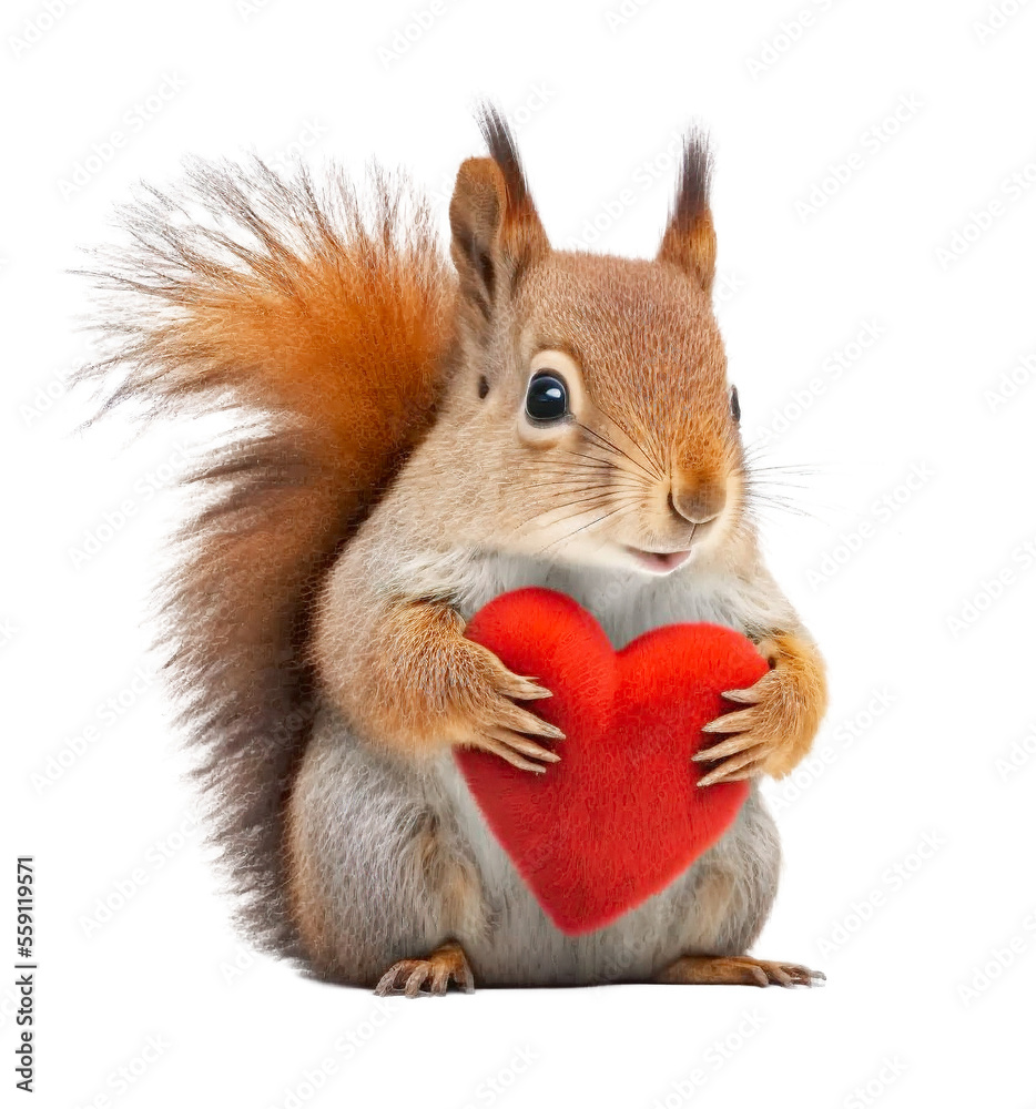 ภาพประกอบสต็อก Cute adorable squirrel holding a red valentine heart ...