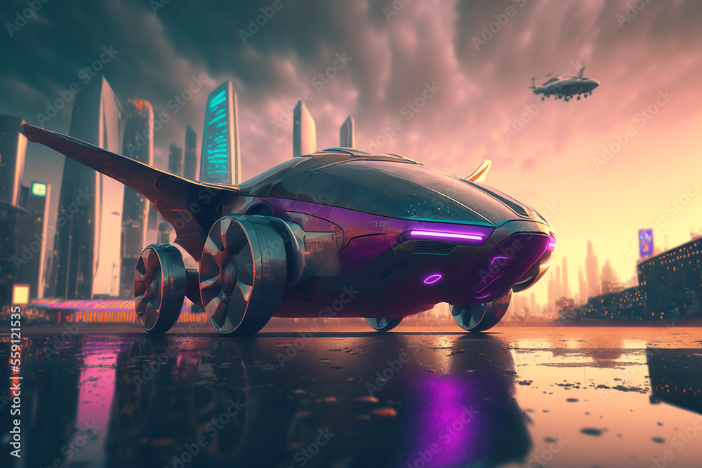Colorful surreal futuristic flying car in a night city. Generative AI ...
