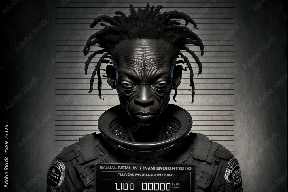 black Humanoid Alien Identification Plate in front of Police Lineup or ...