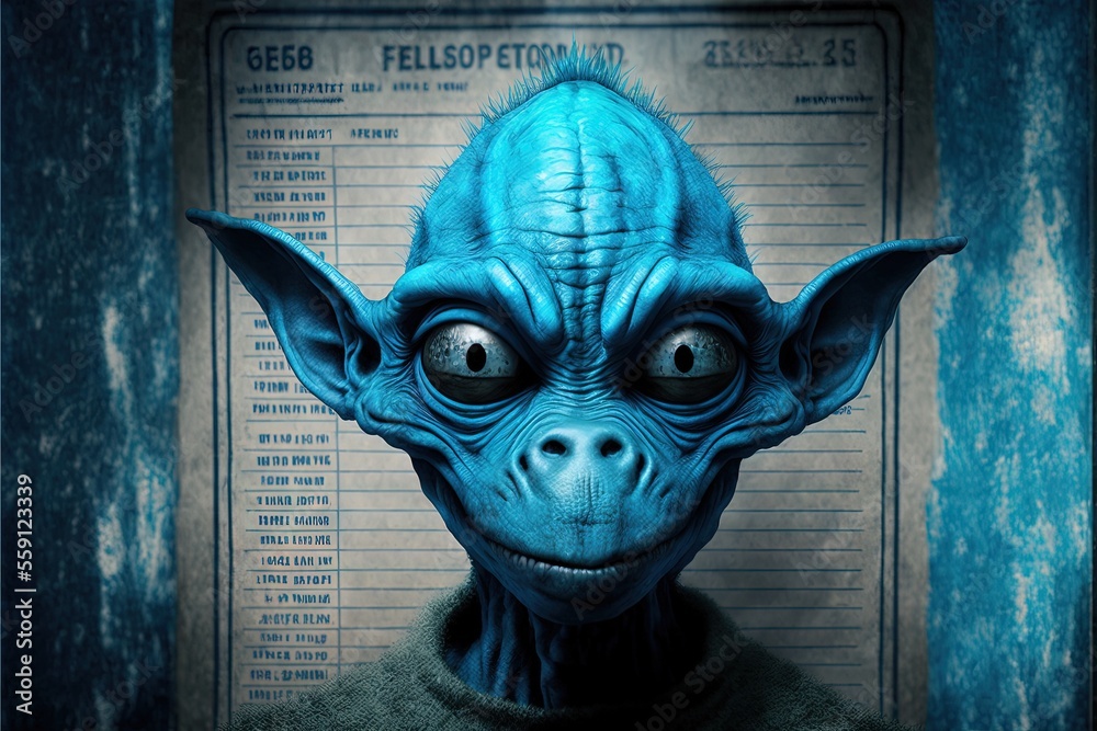 blue Humanoid Alien Identification Plate in front of Police Lineup or ...