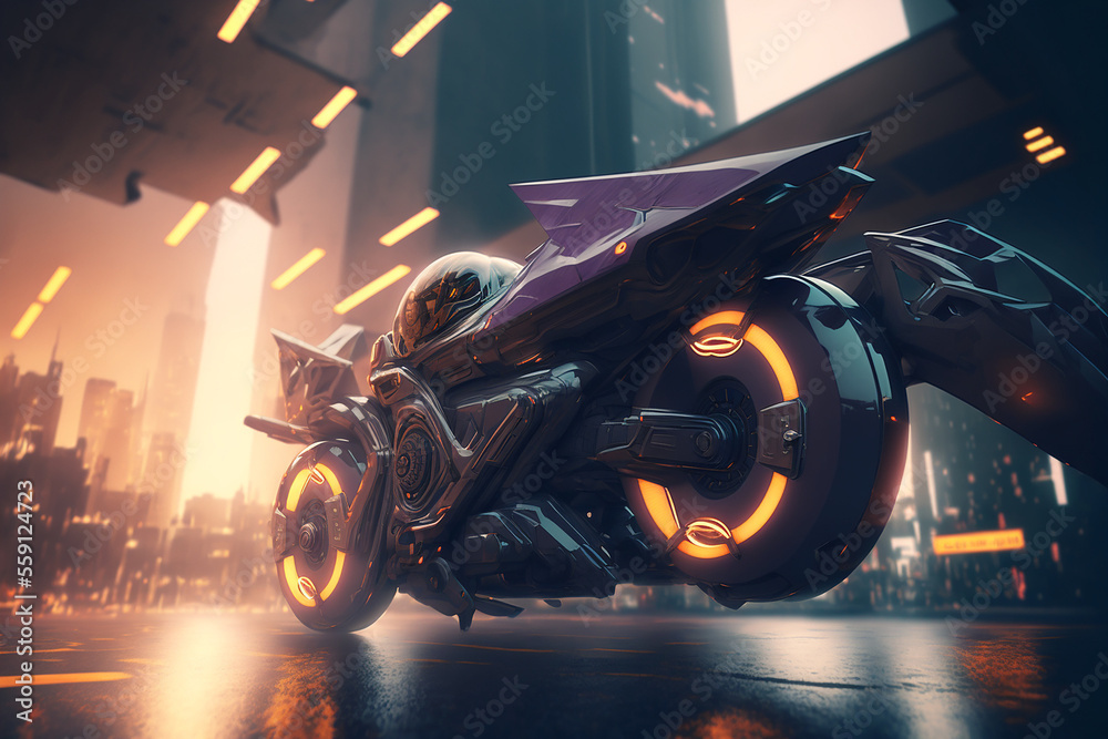 Colorful surreal futuristic flying motorcycle in a night city ...