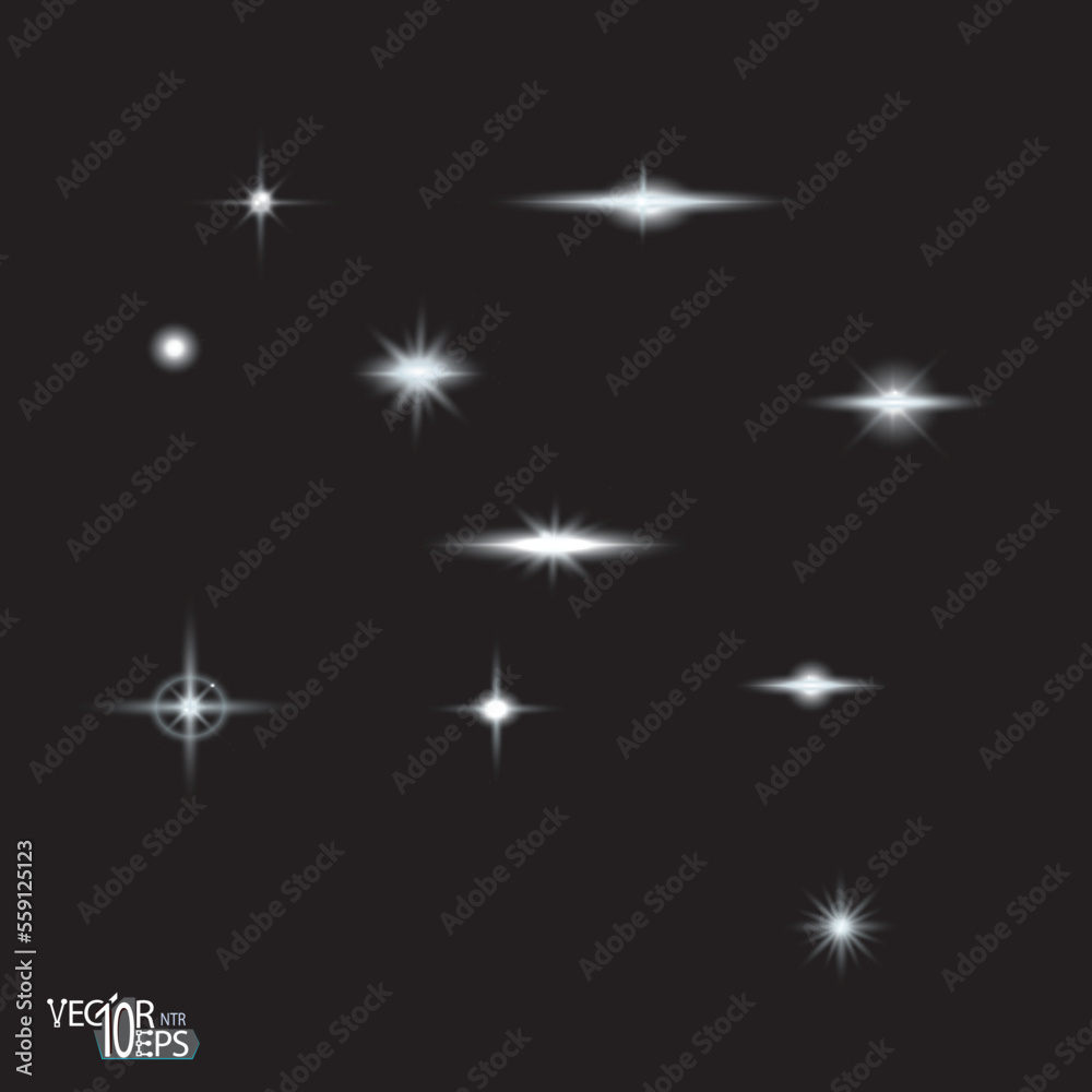 Sparkling stars, flickering and flashing lights. Collection of different light effects on black ...