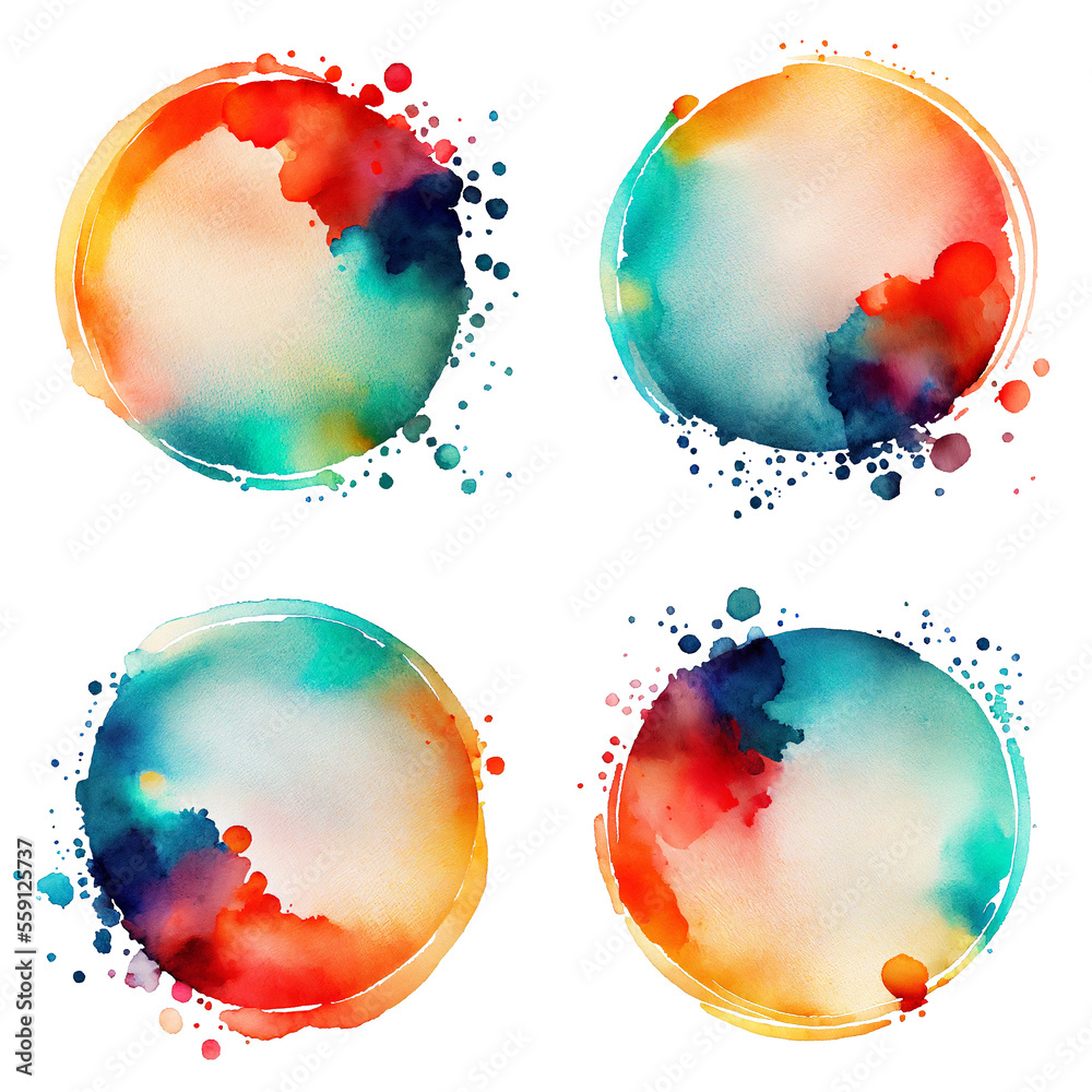 Hand drawn circle shapes of colorful watercolor paint. Set of grunge ...