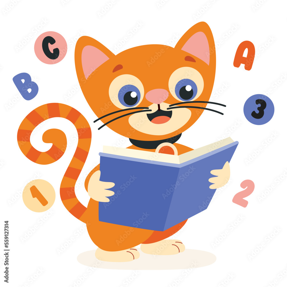 Cartoon Drawing Of Cat Reading Book Stock Vector | Adobe Stock