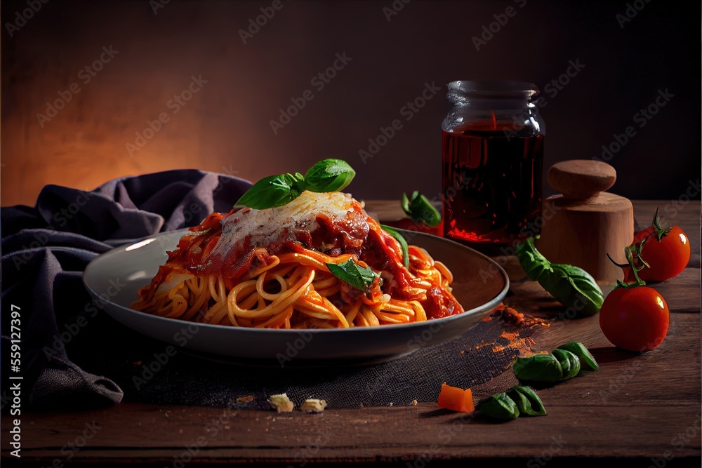 food photography, italian tasty spaghetti with tomato sauce. Ai ...