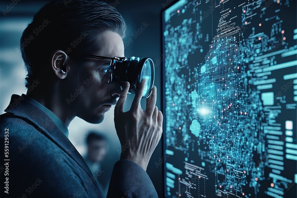 Businessman analyzing and visualizing complex data set up holographic screen. hacker and data ...
