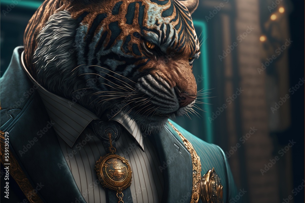 Tiger in gangster look wearing a three-piece suit with golden chain and ...