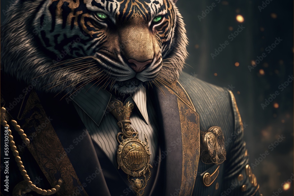 Tiger in gangster look wearing a three-piece suit with golden chain and ...