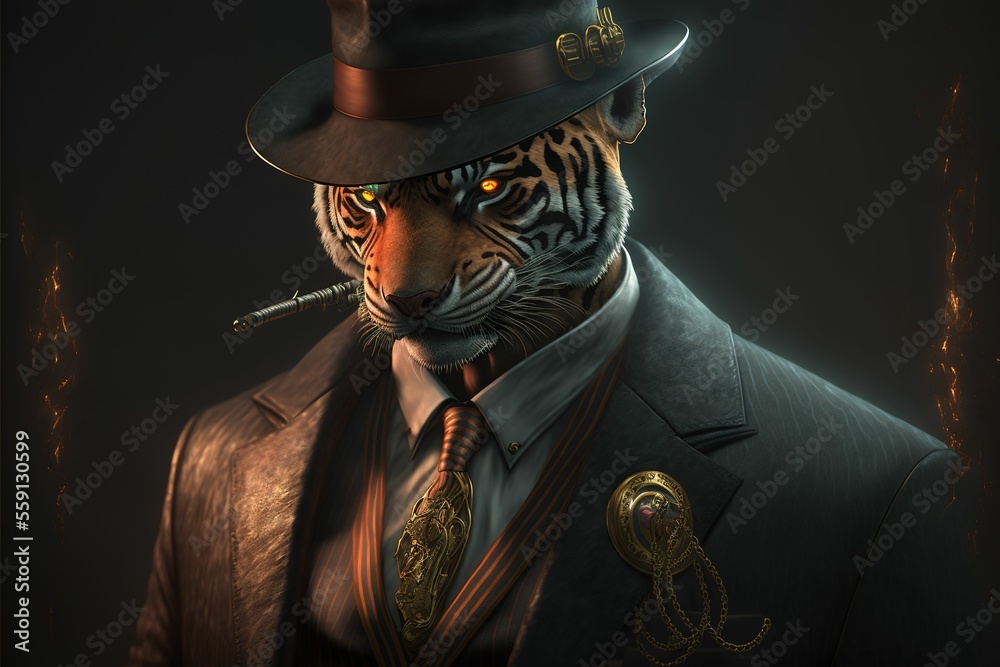 Tiger in gangster look wearing a three-piece suit with golden chain and ...